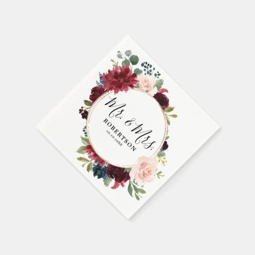 Burgundy Red Navy Blush Floral Rustic Boho Paper Napkins | Zazzle