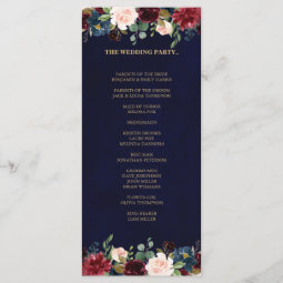 Burgundy Red Navy Floral Rustic Boho Program card | Zazzle