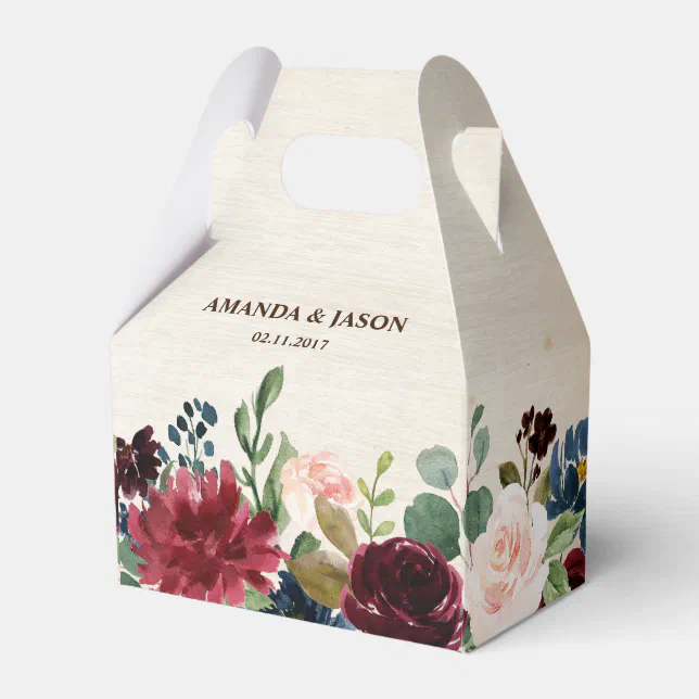 Burgundy Red Navy Floral Rustic Boho Wedding Favor Boxes | Zazzle