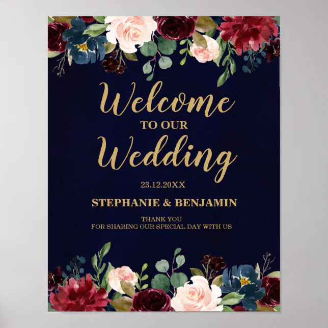 Burgundy Red Navy Floral Rustic Boho Wedding Sign | Zazzle