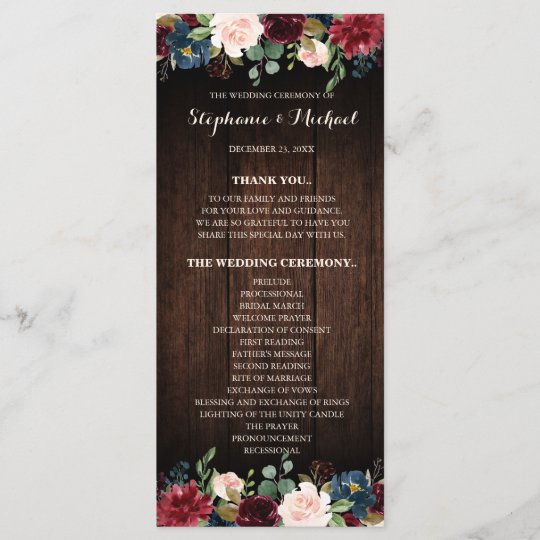 Burgundy Red Navy Floral wooden wedding Program | Zazzle.com