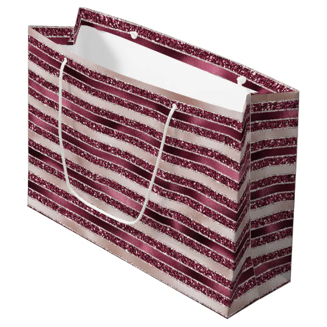 Burgundy Red Pink Rose Gold Glitter Stripes Large Gift Bag | Zazzle