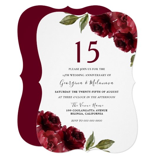 Burgundy Red Rose Elegant 15th Wedding Anniversary Invitation | Zazzle.com