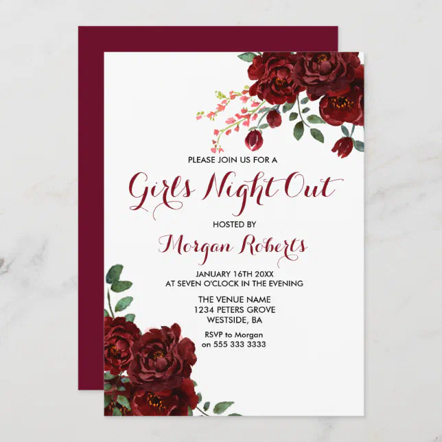 Burgundy Red Rose Floral Girls night out Invite | Zazzle