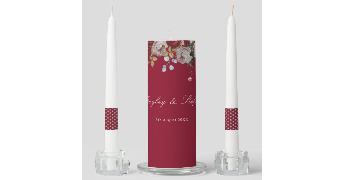 Burgundy Red Rose Floral Wedding Unity Candle Set | Zazzle