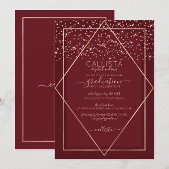 Burgundy Red Rose Gold Confetti Border Graduation Invitation | Zazzle