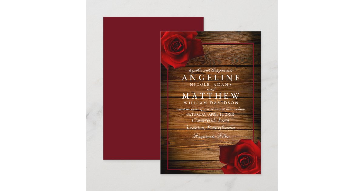 Burgundy Red Rose Rustic Wood Wedding Invitation | Zazzle