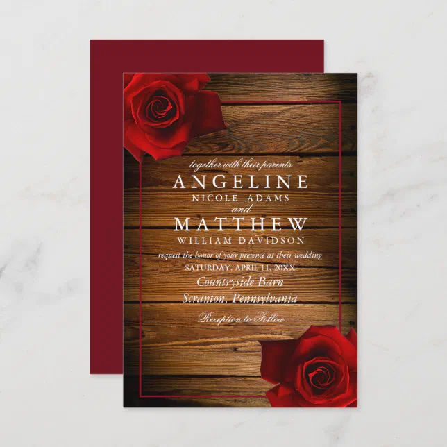 Burgundy Red Rose Rustic Wood Wedding Invitation | Zazzle