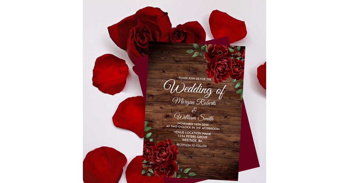 Burgundy Red Rose Rustic Wood Wedding Invitation | Zazzle