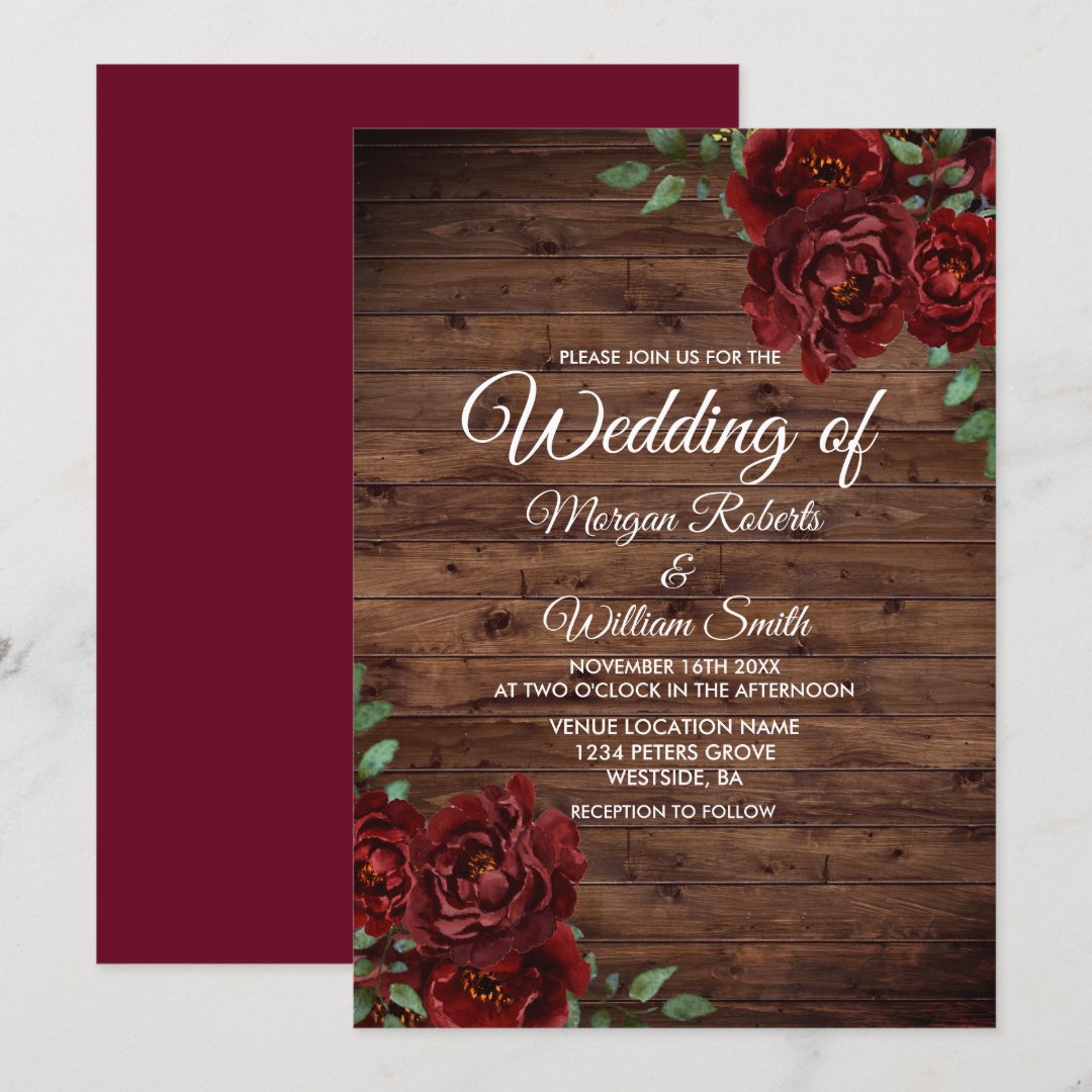 Burgundy Red Rose Rustic Wood Wedding Invitation | Zazzle