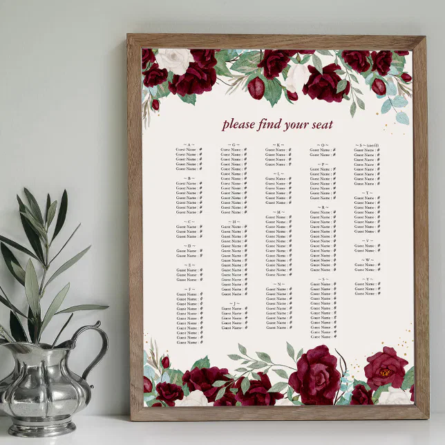 Burgundy Red Roses Alphabetical Seating Chart | Zazzle