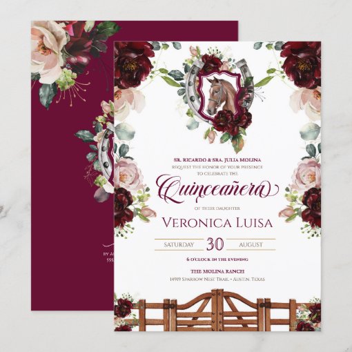 Burgundy Red Roses Horse Crest Rustic Quinceanera Invitation | Zazzle