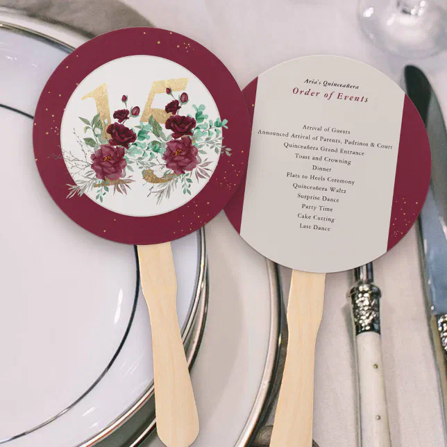 Burgundy Red Roses Quinceanera Order of Events Hand Fan | Zazzle