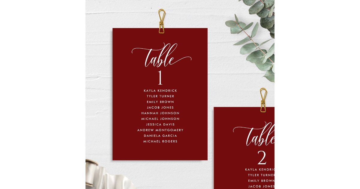 Burgundy Red, Seating Plan Cards with Guest Names | Zazzle