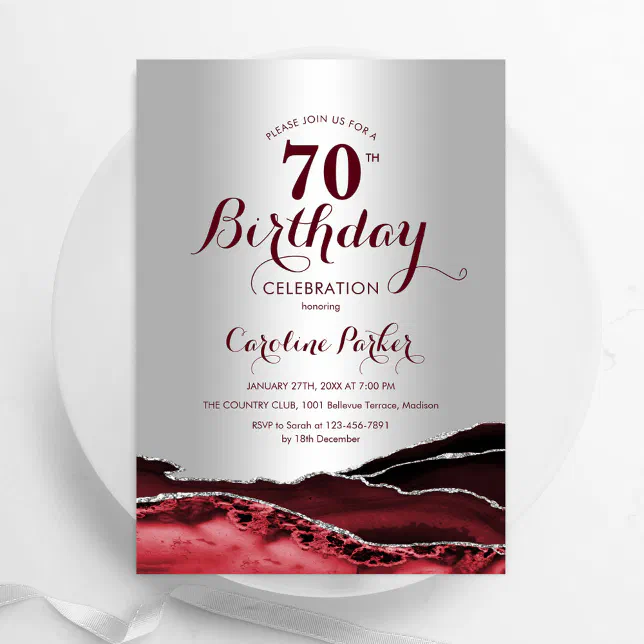 Burgundy Red Silver Agate 70th Birthday Party Invitation | Zazzle
