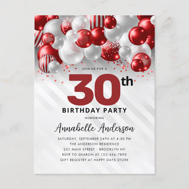 Burgundy Red Silver Balloon Glitter 30th Birthday Postcard | Zazzle