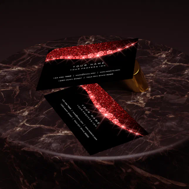 Burgundy Red Sparkly Diamond Glitter Glam Black Business Card | Zazzle