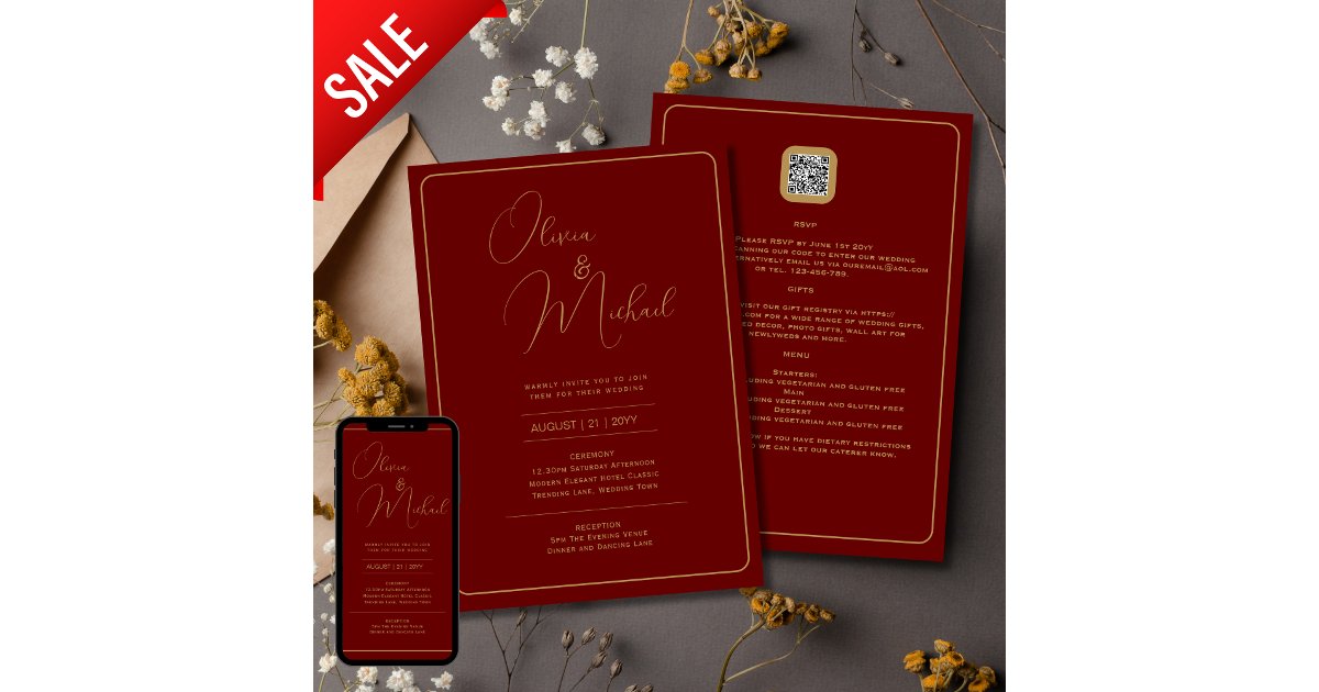 Burgundy Red Wedding Invitation with Gold Text | Zazzle