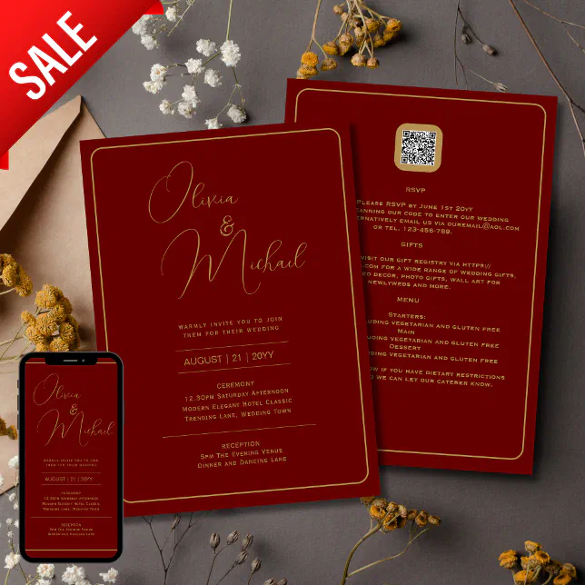 Burgundy Red Wedding Invitation with Gold Text | Zazzle