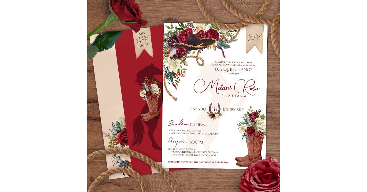 Burgundy Red Western Charro Spanish Quinceanera Invitation | Zazzle