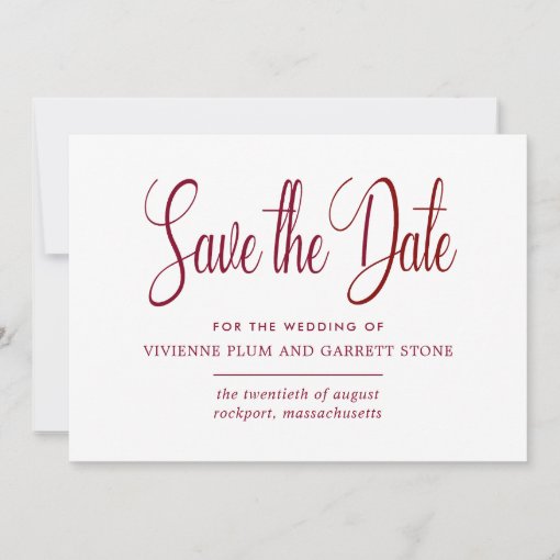 Burgundy Red & White Calligraphy Save the Date | Zazzle