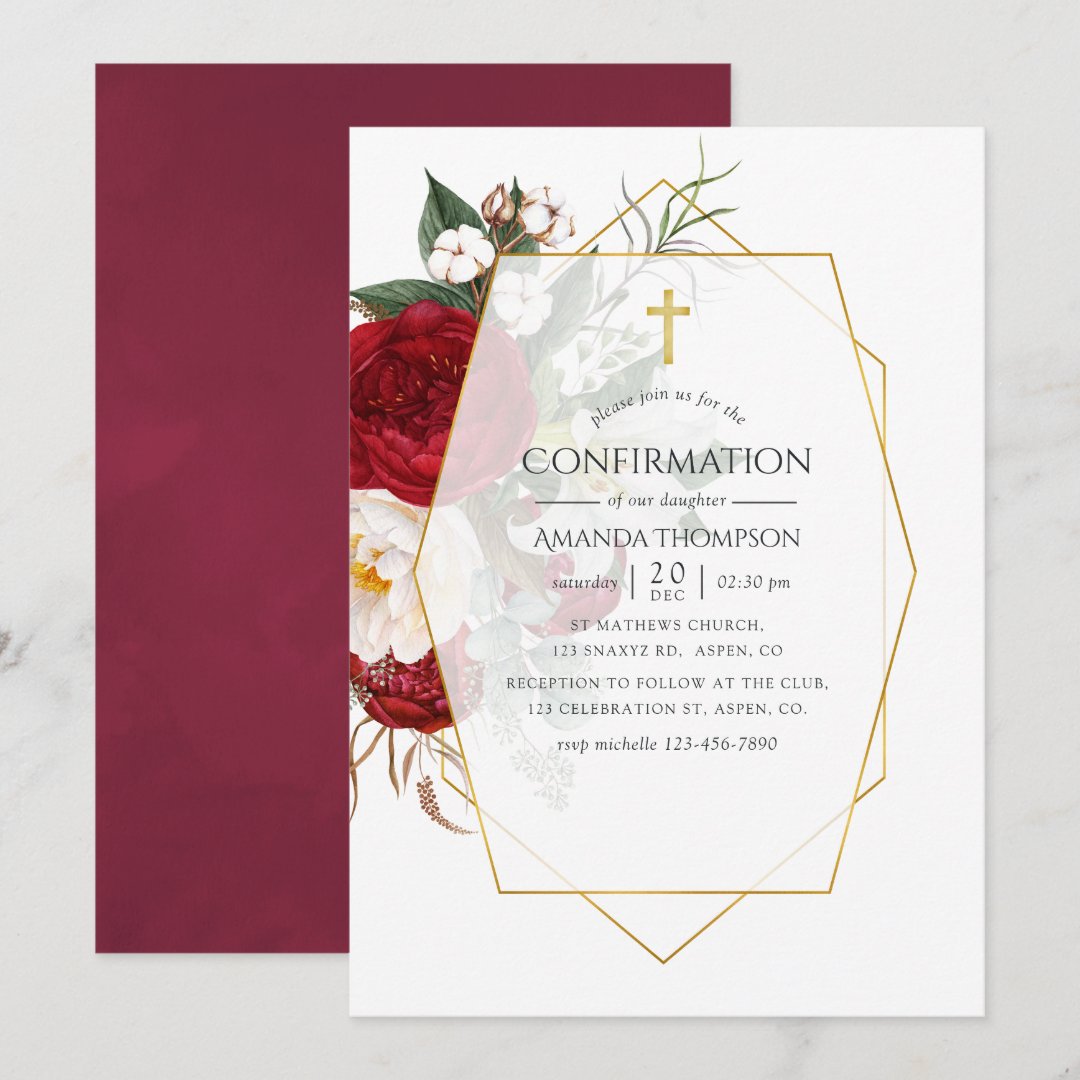 Burgundy Red & White Floral Geometric Confirmation Invitation | Zazzle