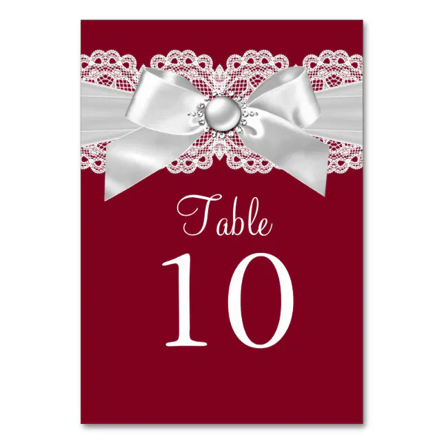 Burgundy Red White Pearl Bow Table Number Card | Zazzle