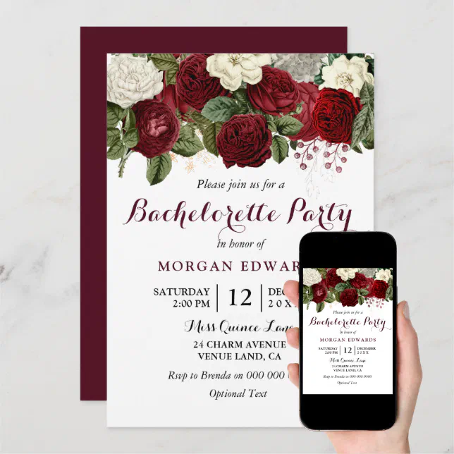 Burgundy Red White Roses Bachelorette Party Invitation | Zazzle
