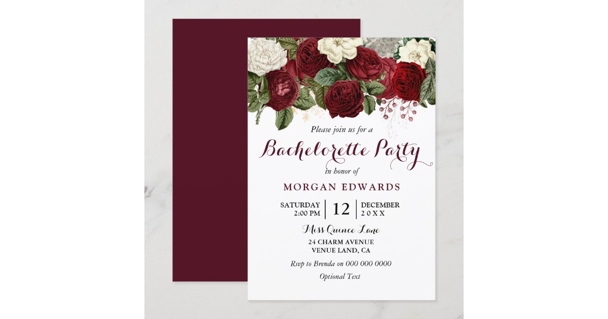 Burgundy Red White Roses Bachelorette Party Invitation | Zazzle