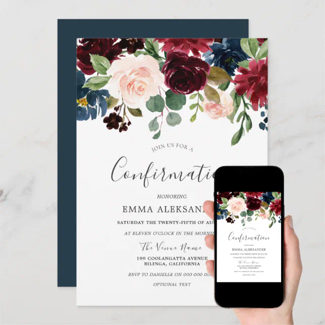 Burgundy Red Wine Floral Confirmation Invitation | Zazzle