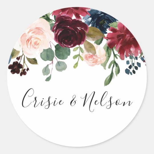 Burgundy Red Wine Floral Wedding Engagement Party Classic Round Sticker ...