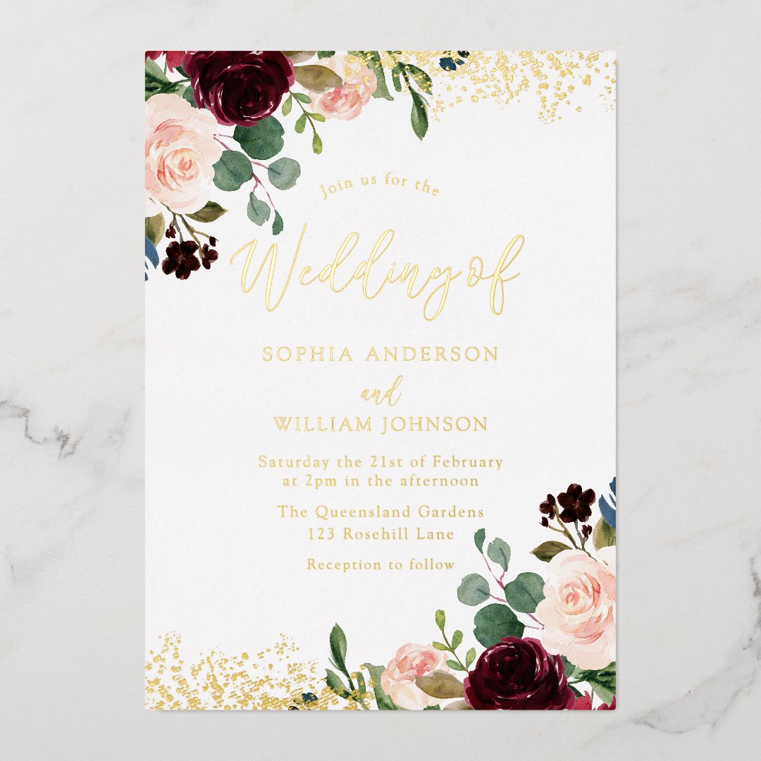 Burgundy Red Wine Wedding Golden Sparkle Foil Invitation | Zazzle