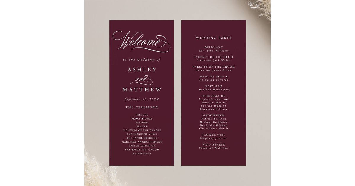 Burgundy Romantic Calligraphy Wedding Ceremony Program | Zazzle