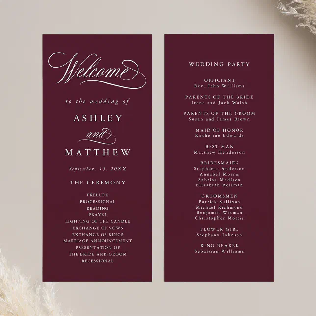 Burgundy Romantic Calligraphy Wedding Ceremony Program | Zazzle
