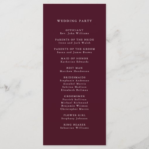 Burgundy Romantic Calligraphy Wedding Ceremony Program | Zazzle