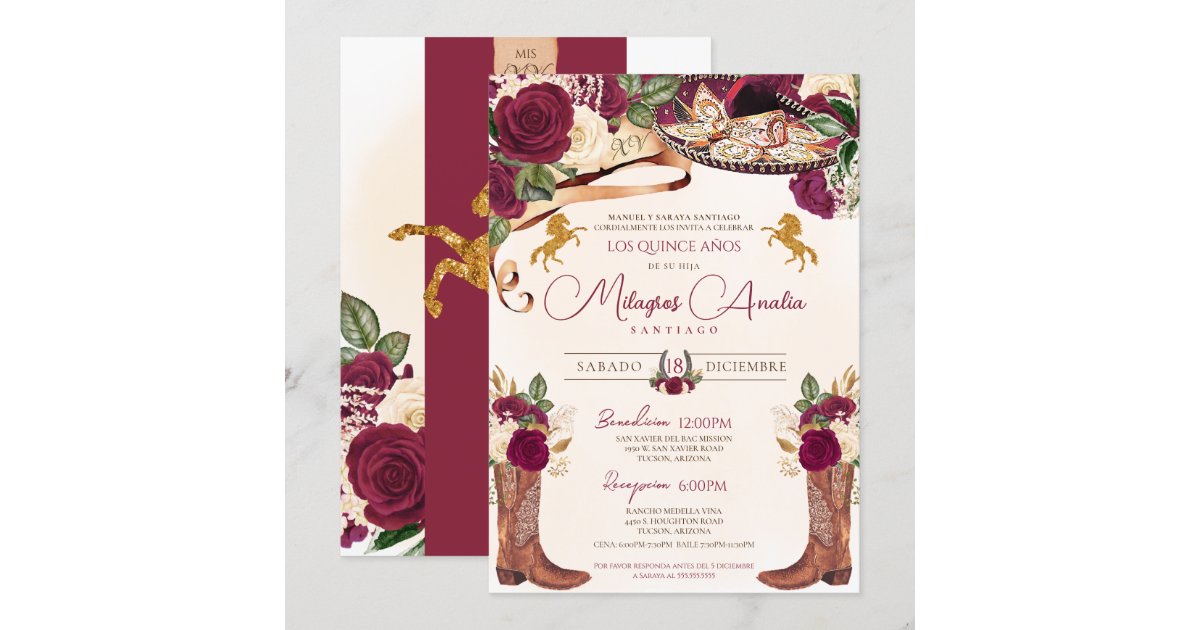 Burgundy Rose Elegant Western Charro Quinceañera Invitation | Zazzle