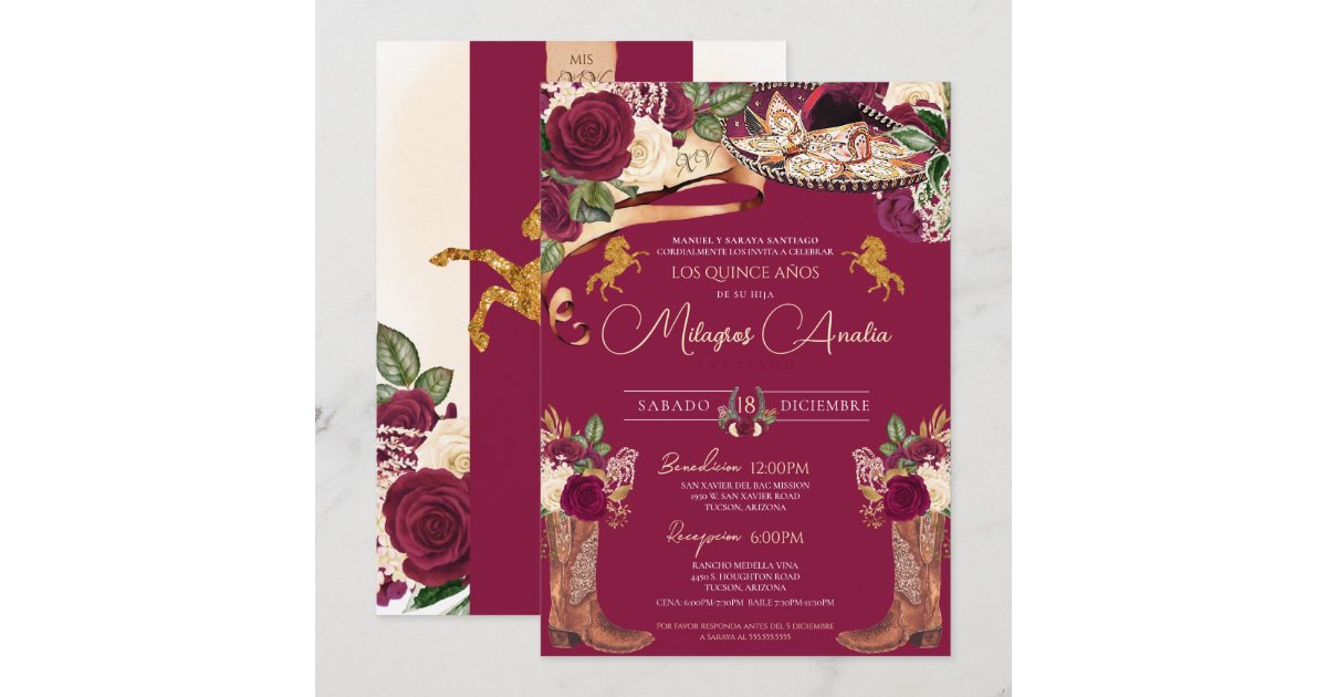 Burgundy Rose Fancy Mariachi Charro Quinceanera Invitation | Zazzle