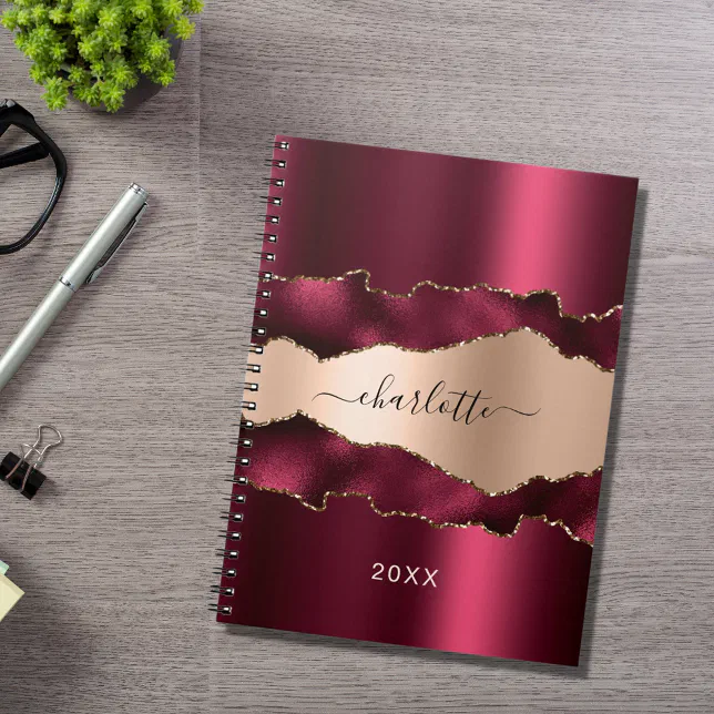 Burgundy rose gold agate marble name script notebook | Zazzle