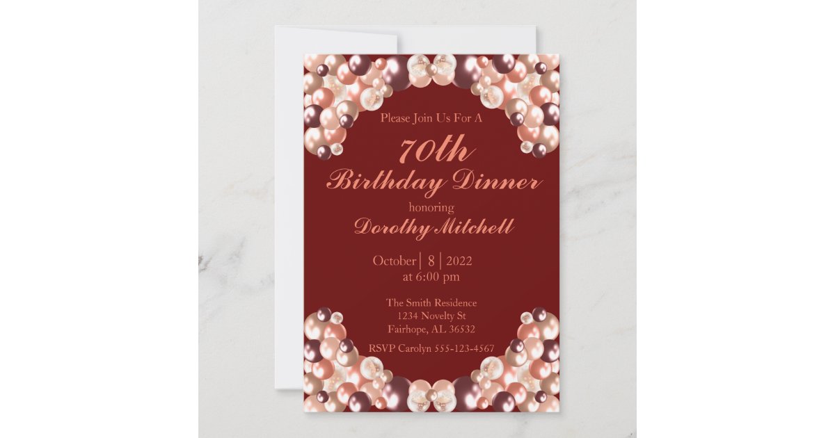 Burgundy Rose Gold Balloon 70th Birthday Invitation | Zazzle