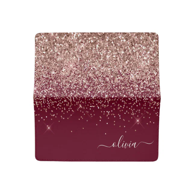 Burgundy Rose Gold Blush Pink Glitter Monogram Checkbook Cover | Zazzle