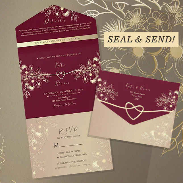 Burgundy Rose Gold Floral Wedding All In One Invitation | Zazzle