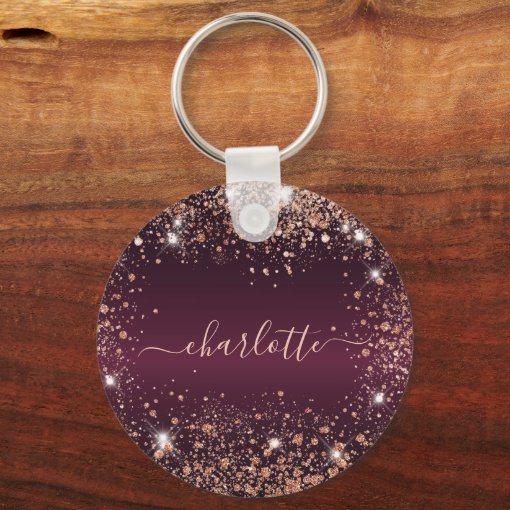 Burgundy rose gold glitter name script keychain | Zazzle