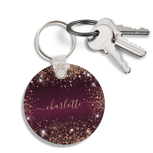 Burgundy rose gold glitter name script keychain | Zazzle
