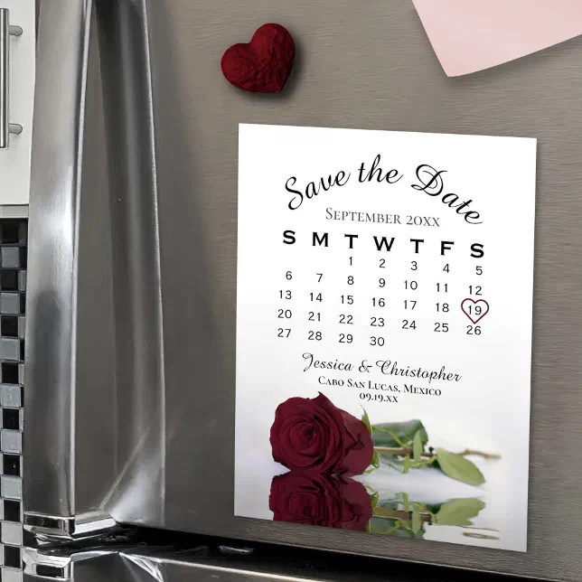 Burgundy Rose Save the Date Calendar Magnet | Zazzle