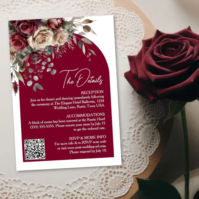Burgundy Roses Arch QR Code Wedding Details Enclosure Card | Zazzle