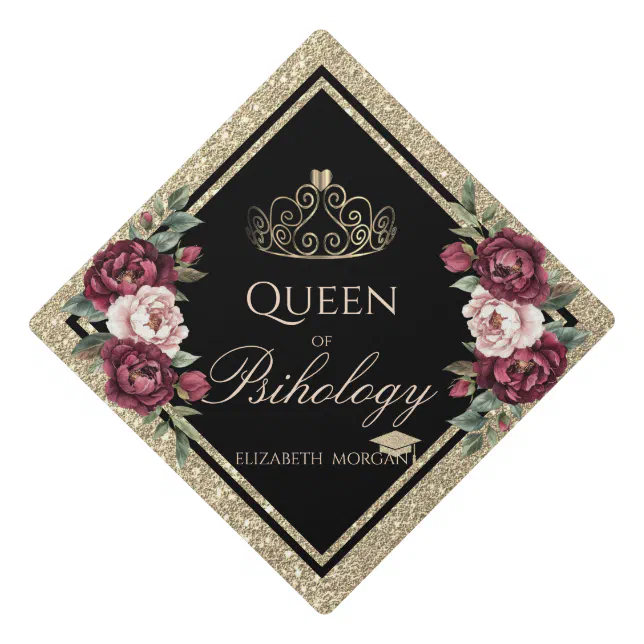 Burgundy Roses Gold Tiara Glitter Graduation Cap | Zazzle