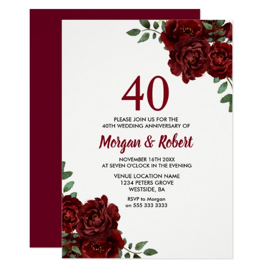 Burgundy Ruby Red Rose 40th Wedding Anniversary Invitation | Zazzle.com