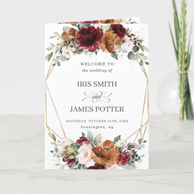 Burgundy Rust Blush Floral Gold Wedding Program | Zazzle