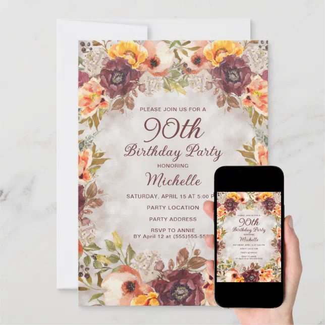 Burgundy Rust Orange Floral Women's 90th Birthday Invitation | Zazzle