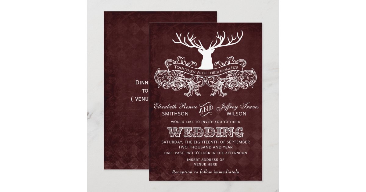 Burgundy Rustic Antler Deer Woodland Wedding Invitation | Zazzle